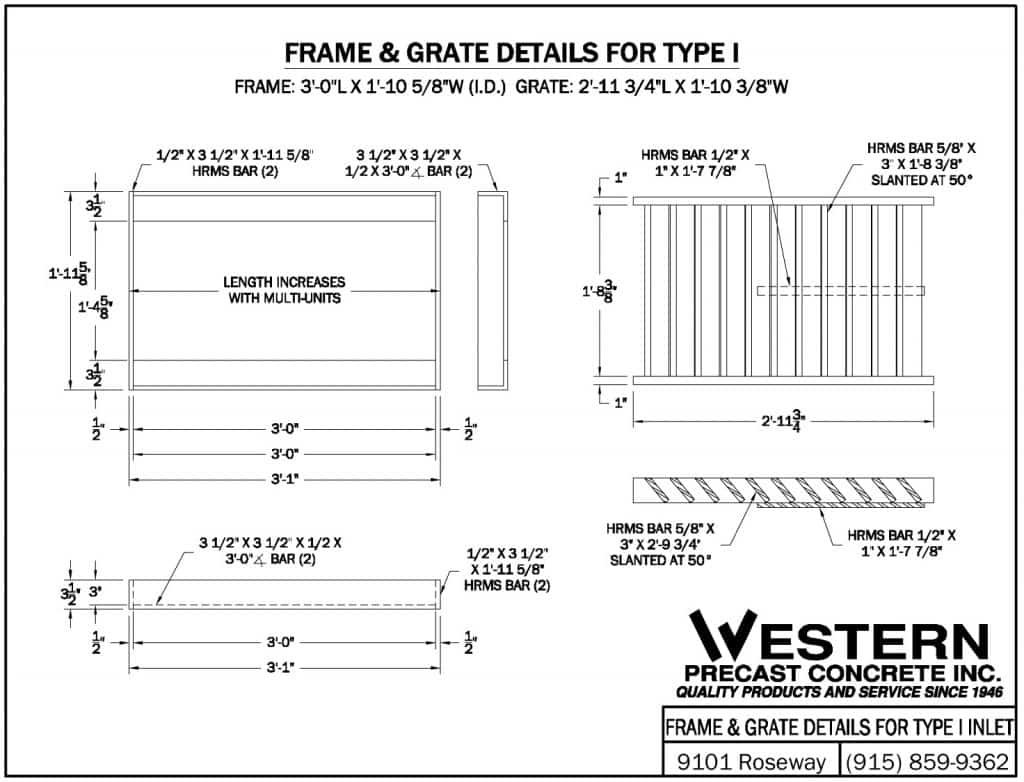 Frame & Grate Details For Type I - Western Precast - El Paso, TX